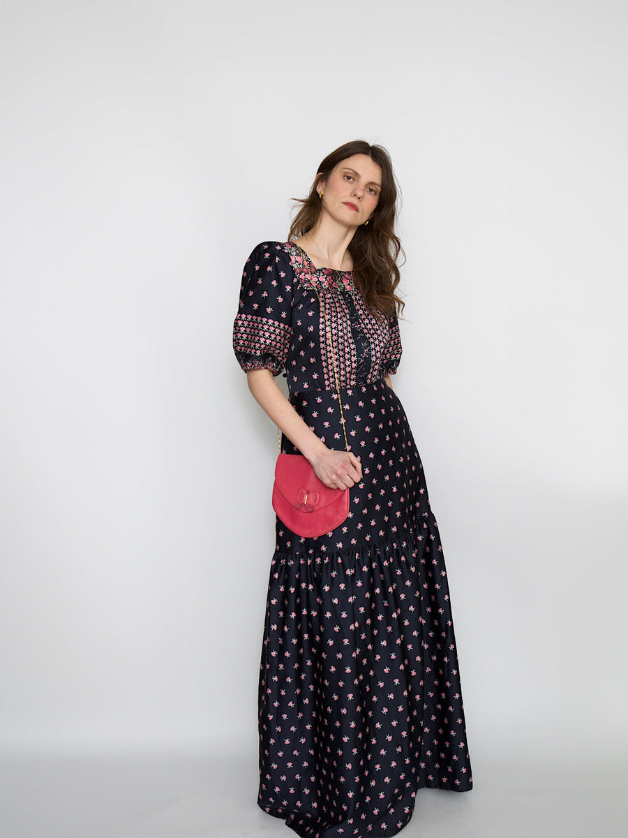 70s vintage blue prairie dress small pink flowers and puffy sleeves ...